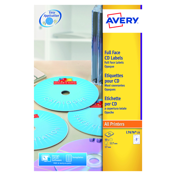 Avery White Full Face CD DVD Laser Label 2 Per Sheet (50 Pack) L7676-25